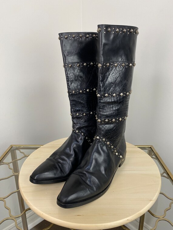 Vintage Boots 80s STUART WEITZMAN Black Leather Metal… - Gem