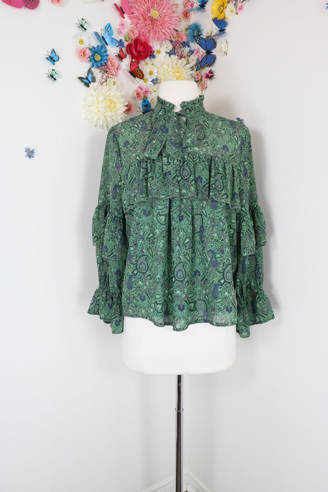 LUCKY Boho Paisley Ruffle Tie Neck Blouse Semi Sheer Casual Hippie Top ...