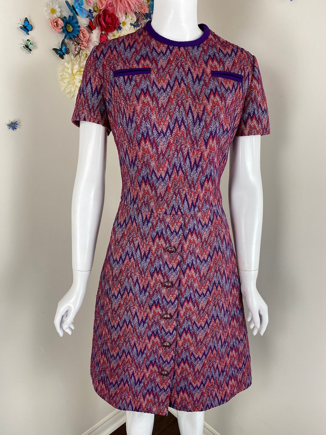 Striped Mini Dress Vintage 1960s KAY WINDSOR Zig-zag Mod Purple Red ...