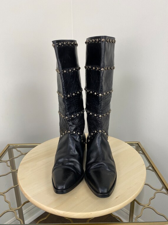 Vintage Boots 80s STUART WEITZMAN Black Leather Metal… - Gem