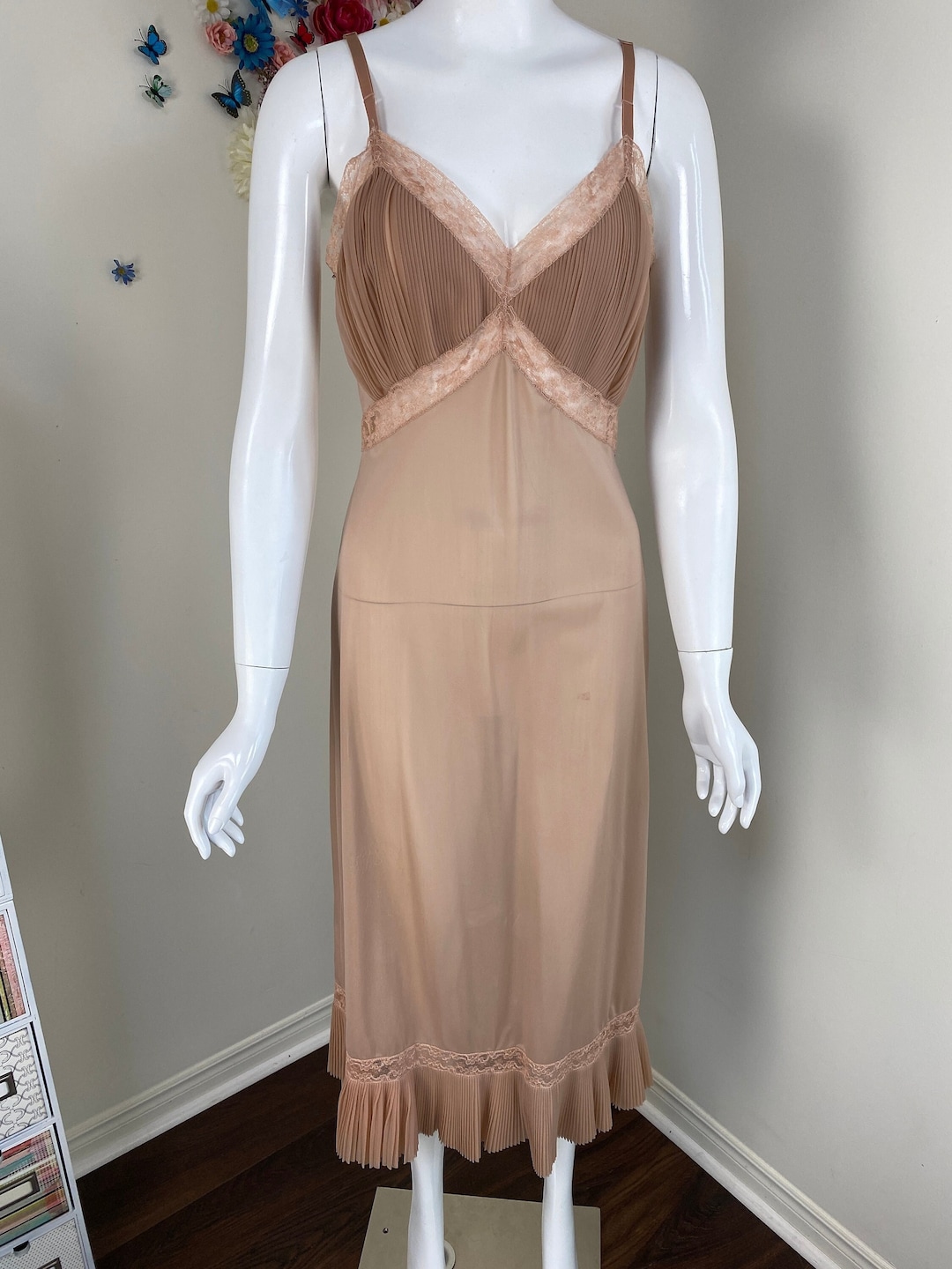 Vintage 60s Lace Full Body Slip Lingerie Brown Midi Dress Slip With ...