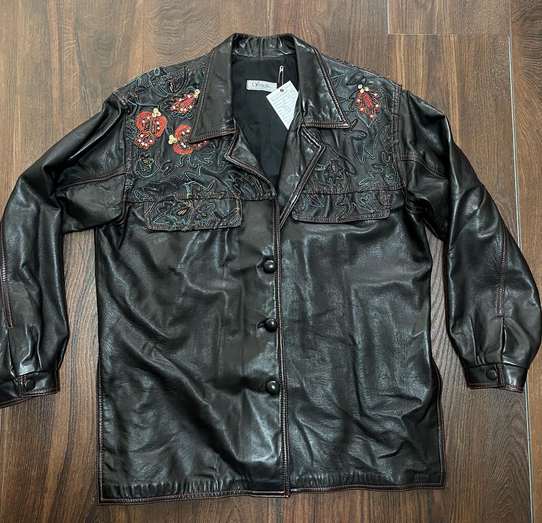 Embroidered Black Leather Jacket Vintage SERGIO Beaded Fall Jacket ...
