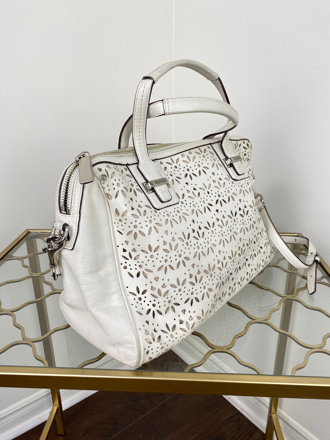 COACH Silver Cream Taylor Eyelet Leather Satchel Laser Cut Handbag ...