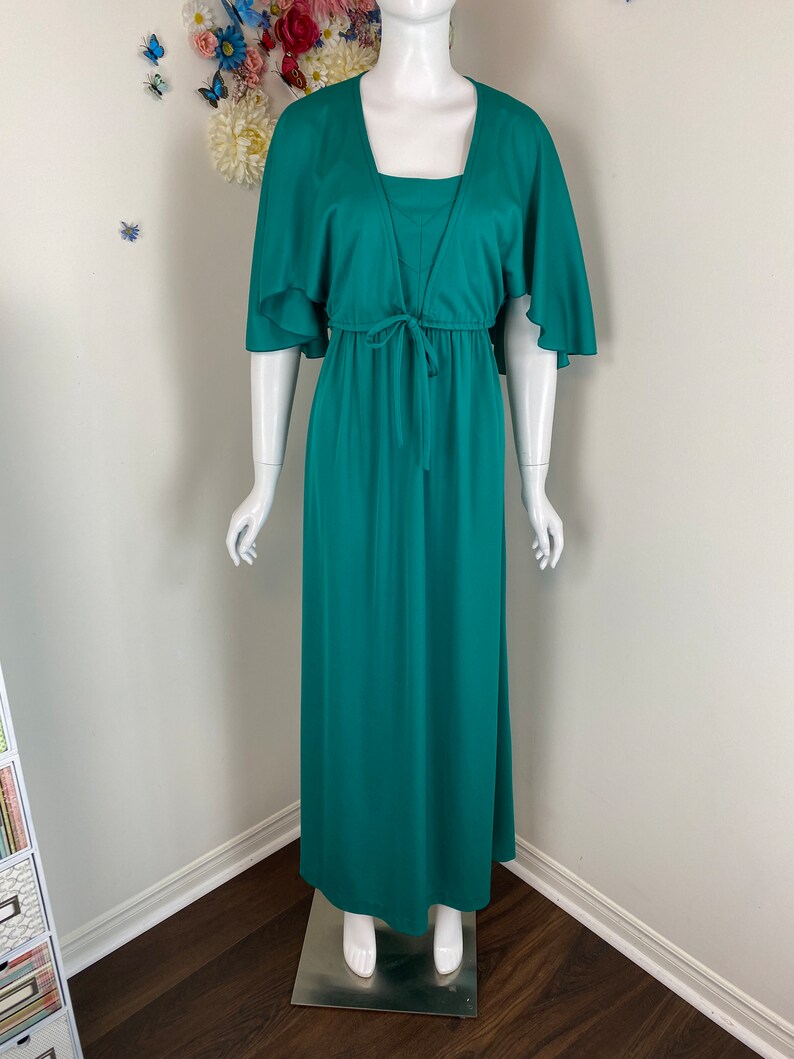 70s Maxi Dress Bolero Jacket LORI JRS. Vintage 1970s Teal Evening Gown ...