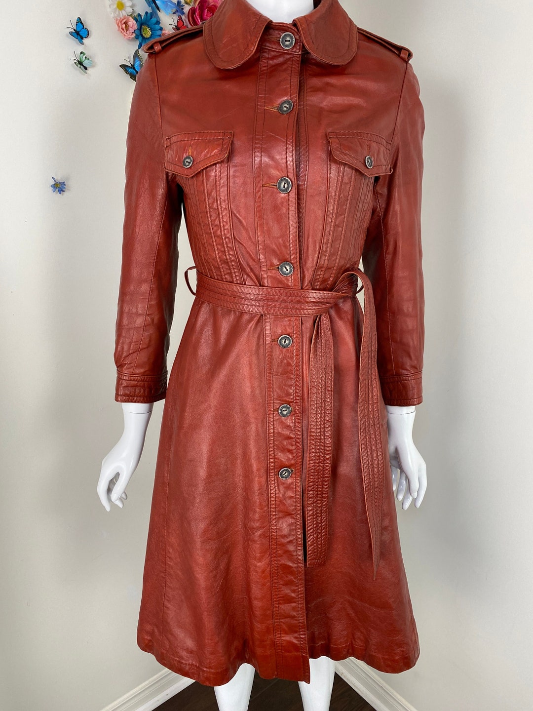 70s Leather Trench Coat Vintage 1970s ALAN CHERRY Designer Coat Boho ...