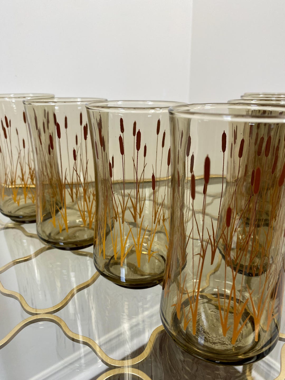 Vintage 70s Drinking Glasses MCM Bulrush Cattails Reed Water Juice ...
