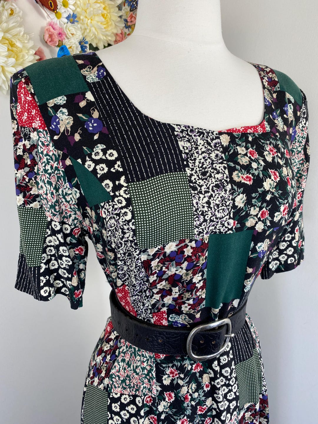 Boho Patchwork Summer Dress 90s Casual Rayon Midi Dress Vacation Garden ...