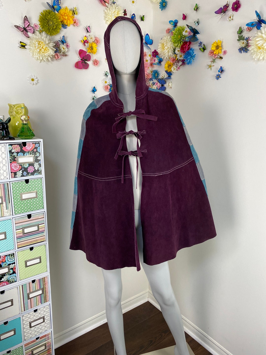Vintage Suede Patchwork Cape Purple Blue Hooded Poncho Boho Hippie Cape ...