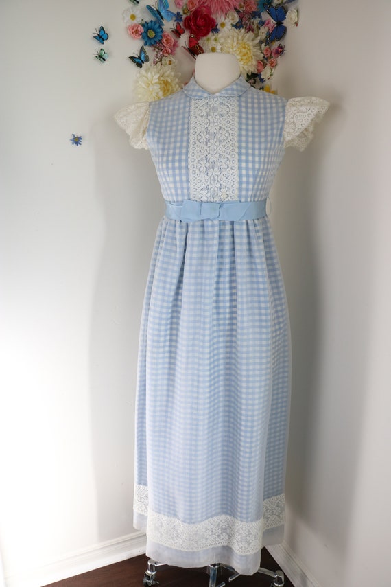 70s Bridgerton Regency Style Gingham Lace Maxi Dress … - Gem