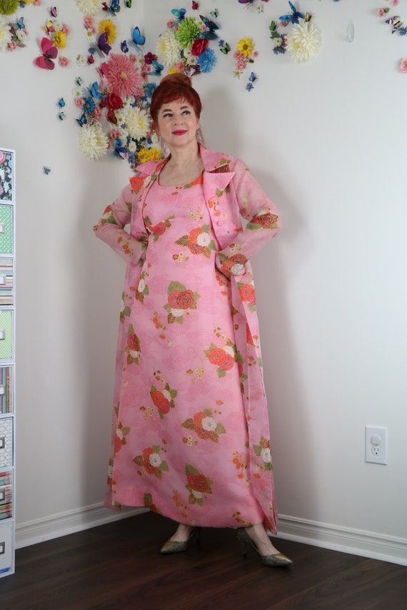 70s Floral Chiffon Duster Evening Jacket Vintage 1970… - Gem