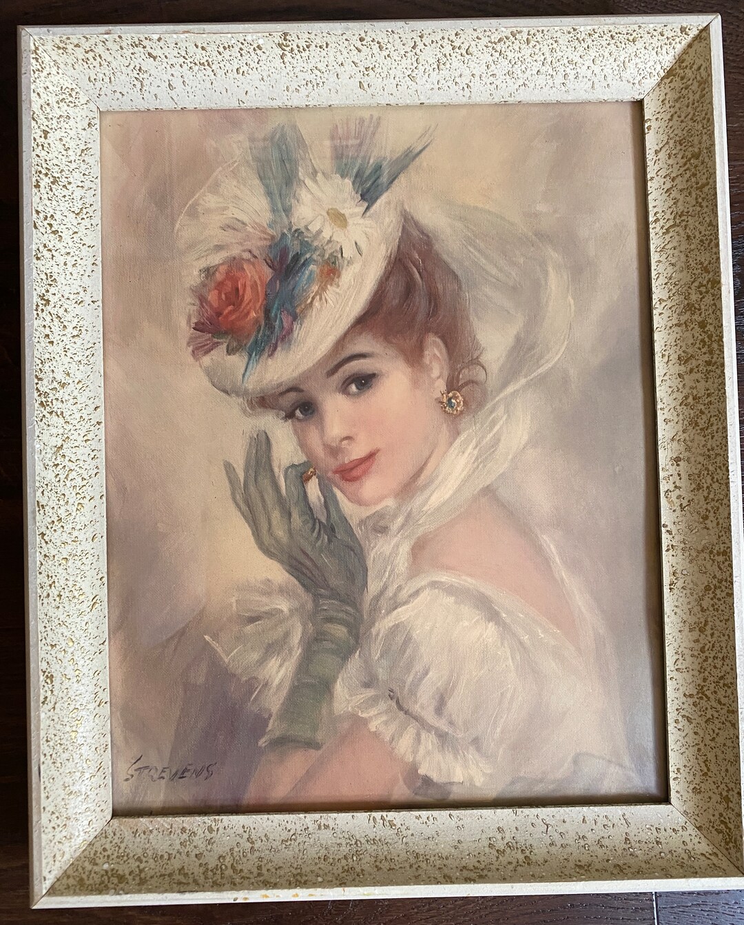 Vintage John Strevens Victorian Woman in Floral Hat Framed Wall Art ...