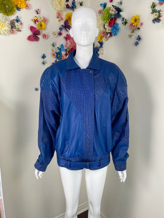 1980s Blue Leather Bomber Jacket - DIANA CHARLES Vint… - Gem