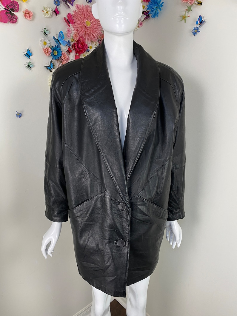 Black Leather Bomber Jacket 1980s Oversized Street Style Casual Jacket ...