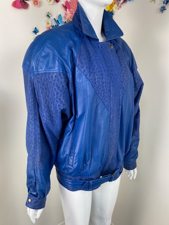 1980s Blue Leather Bomber Jacket - DIANA CHARLES Vint… - Gem