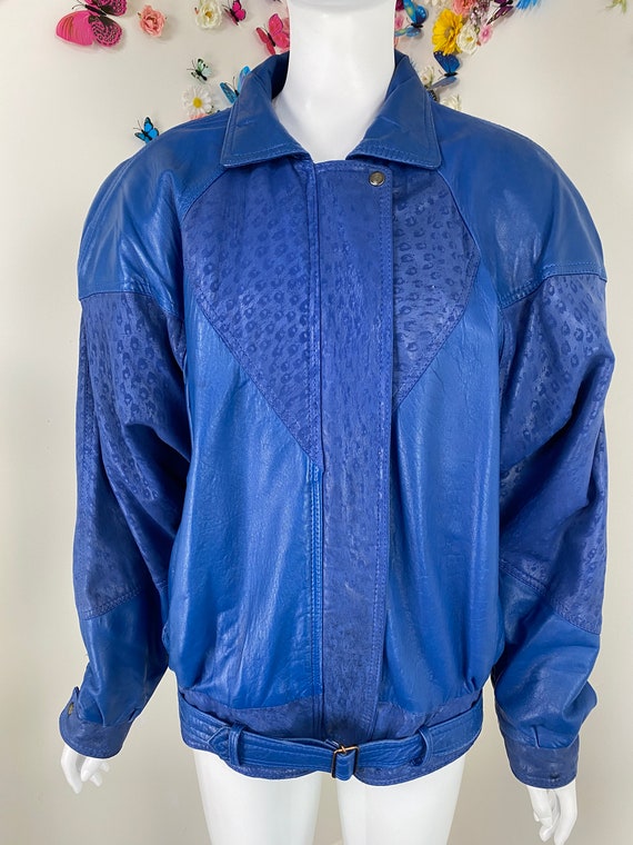 1980s Blue Leather Bomber Jacket - DIANA CHARLES Vint… - Gem