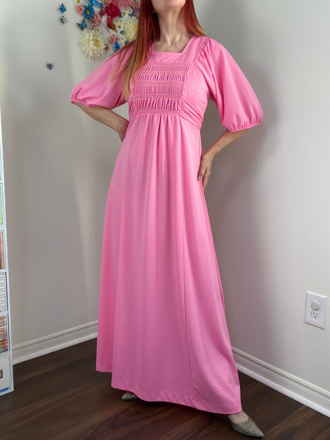 70s RONDA ROY Pink Maxi Dress With Smocked Bust & Balloon Sleeves ...