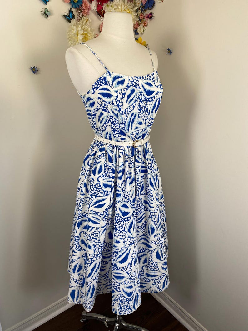 Vintage Summer Dress 80s Fit & Flare White Blue Cotton Picnic Sundress ...