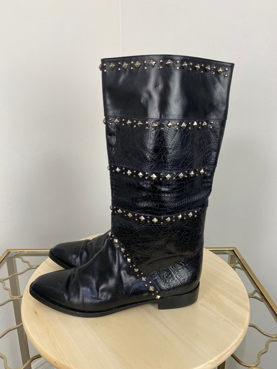Vintage Boots 80s STUART WEITZMAN Black Leather Metal… - Gem