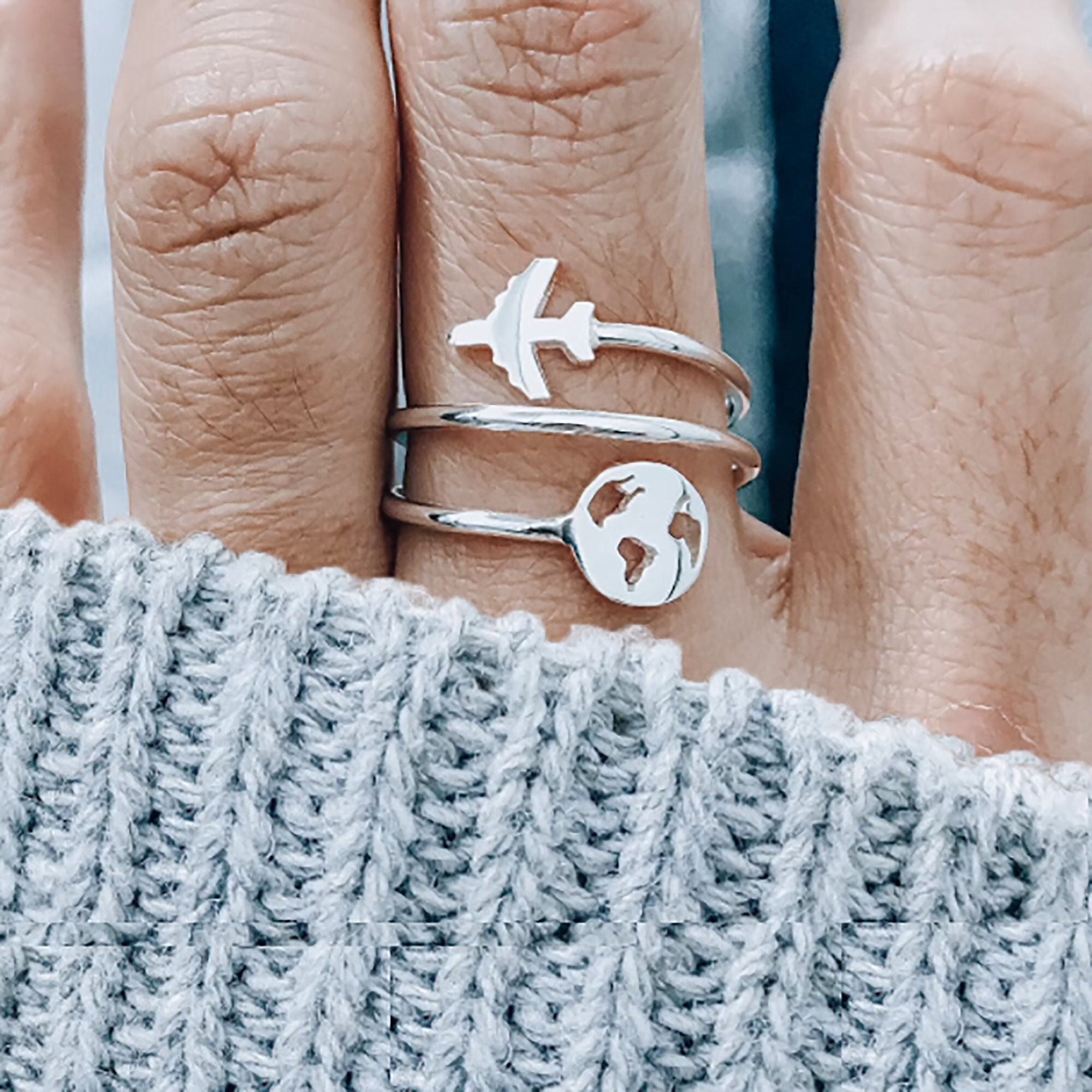 World Map Ring With Airplane Gold Travel Ring World Ring | Etsy