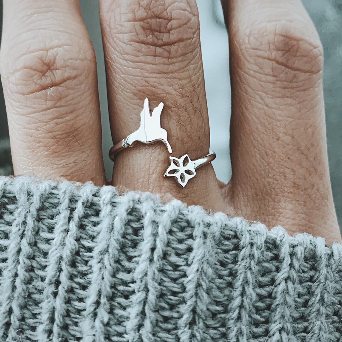 Hummingbird Ring With Flower Nature Ring Dainty Ring | Etsy