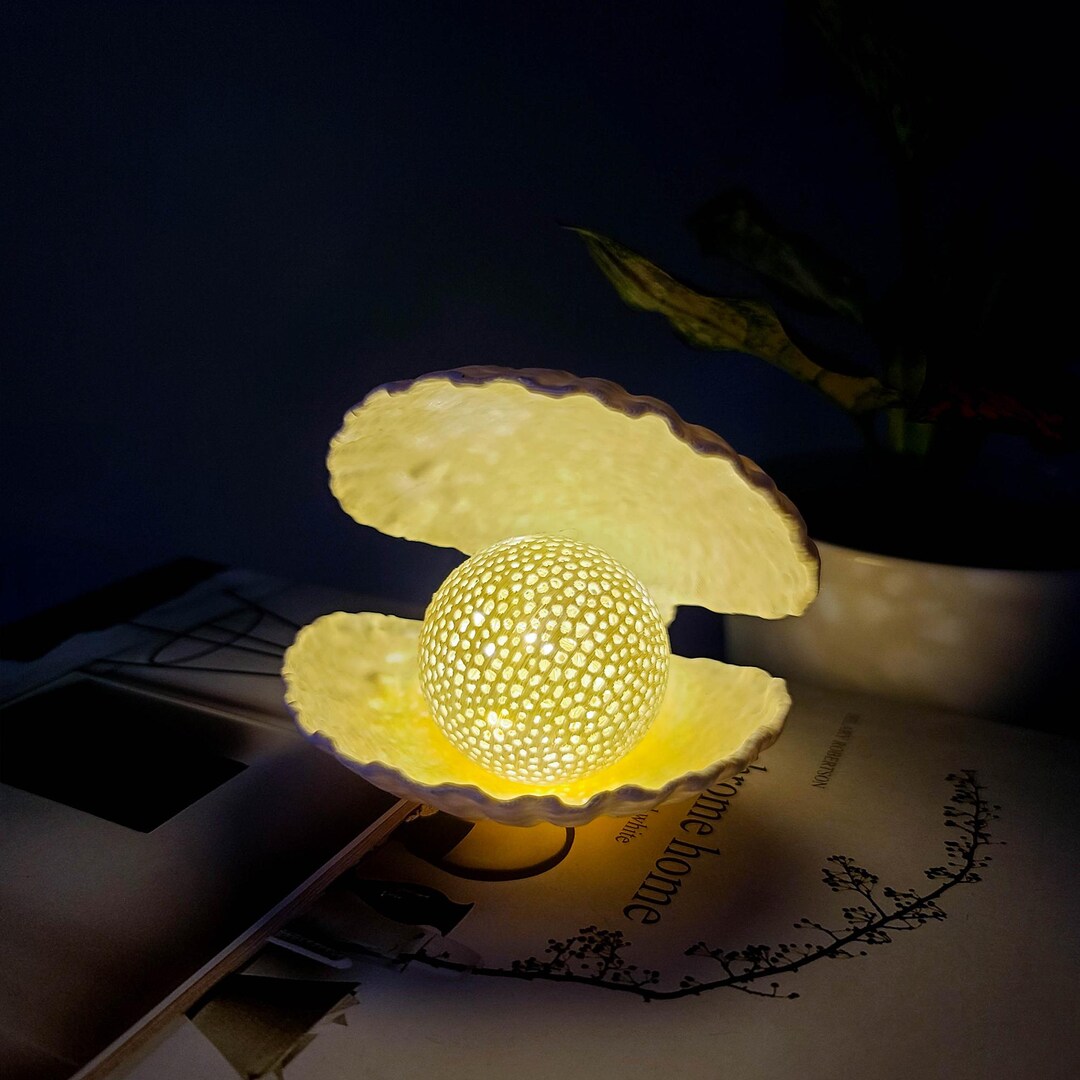 Seashell Clam With Voronoi Diagram Pearl Lamp, Oyster Nightstand Lamp ...