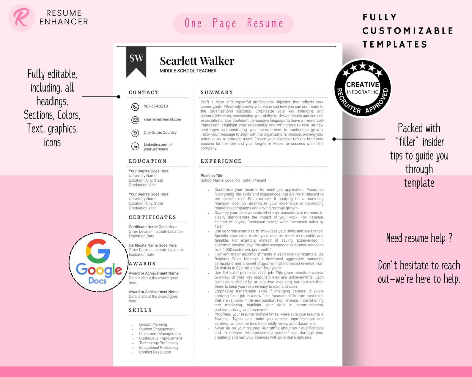 Elementary School Teacher Resume Template for Google Docs, New Teacher ...