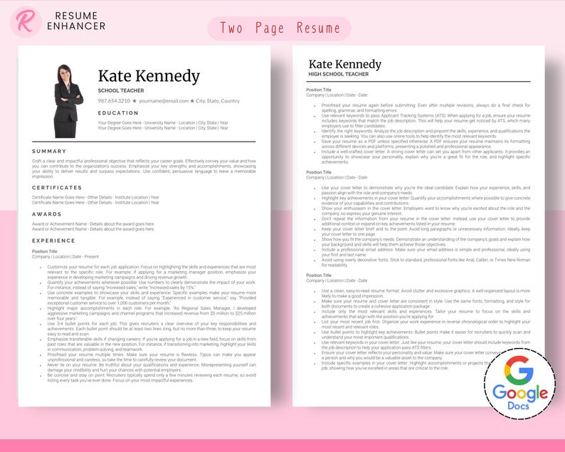 Teacher Resume Template for Google Docs, Professional | Substitute ...