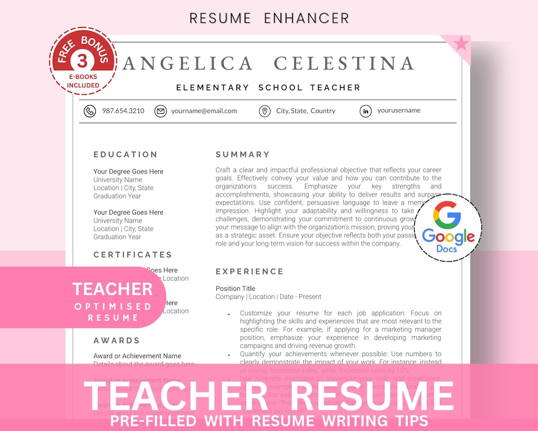 Teacher Resume Template for Google Docs | Modern CV (digital Download ...