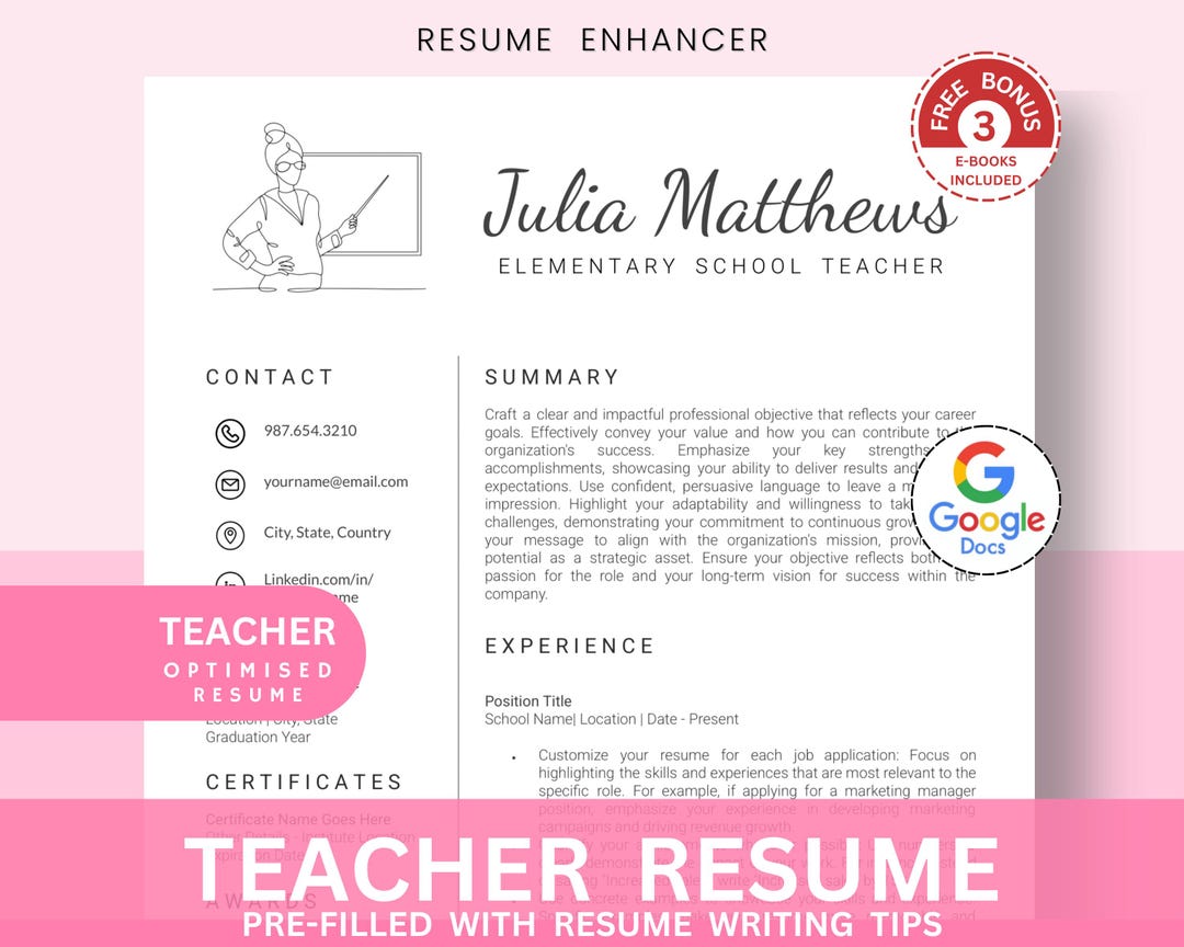 Teacher Resume Template for Google Docs | Modern CV (digital Download ...