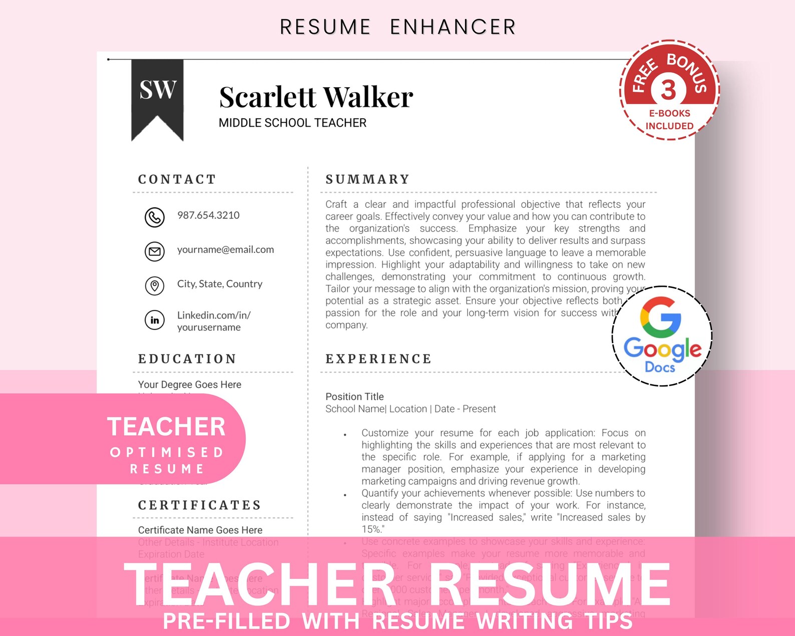 Elementary School Teacher Resume Template for Google Docs, New Teacher ...