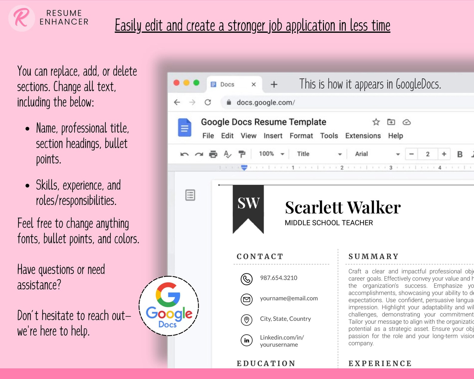 Elementary School Teacher Resume Template for Google Docs, New Teacher ...