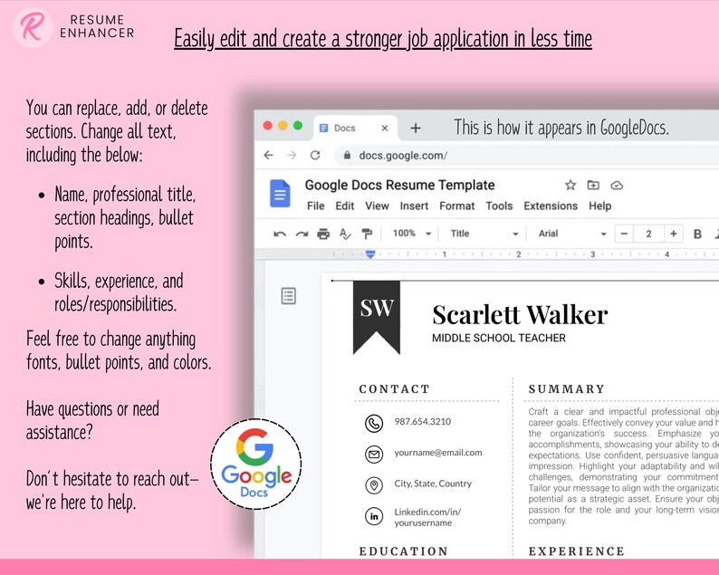 Elementary School Teacher Resume Template for Google Docs, New Teacher ...