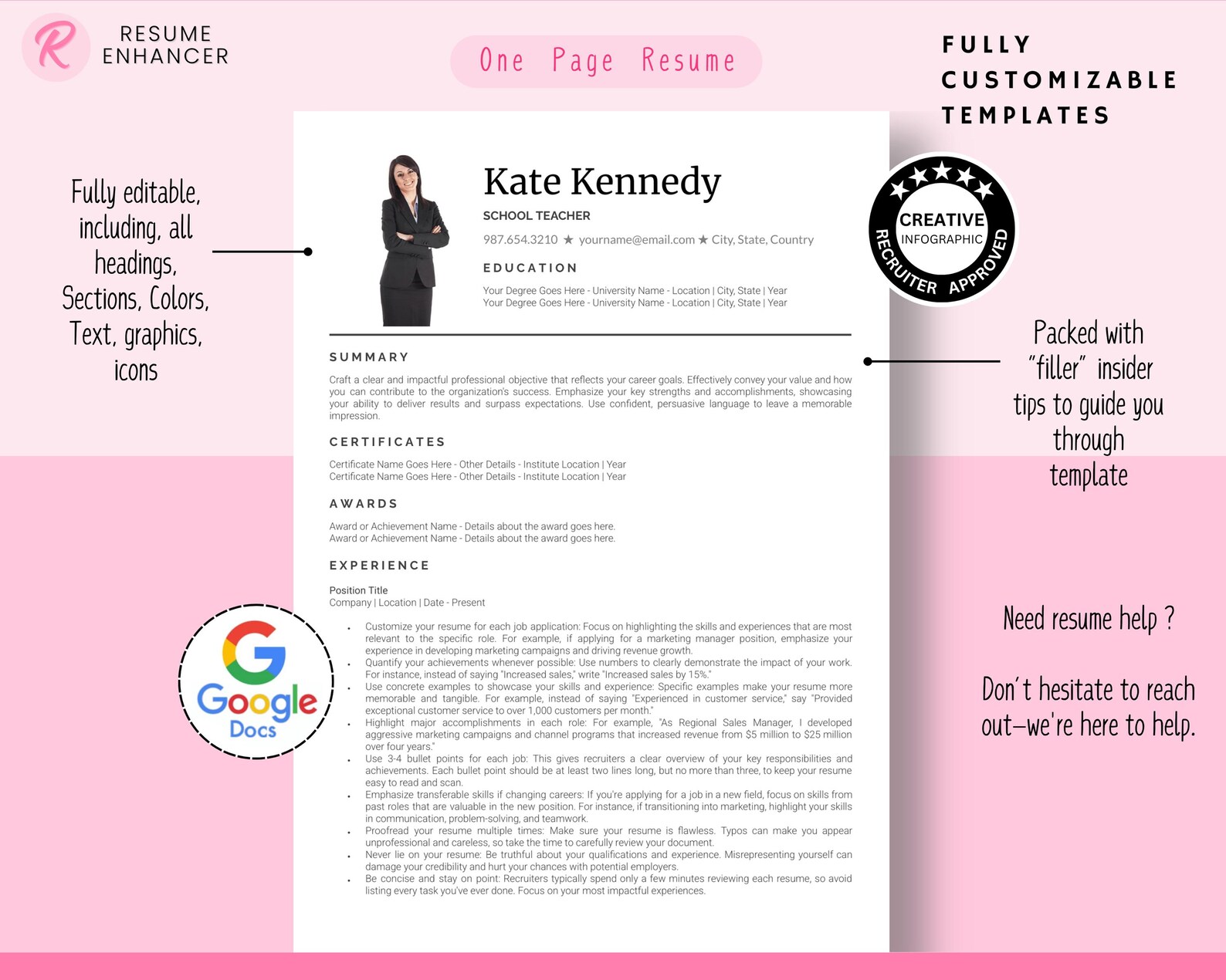 Teacher Resume Template for Google Docs, Professional | Substitute ...
