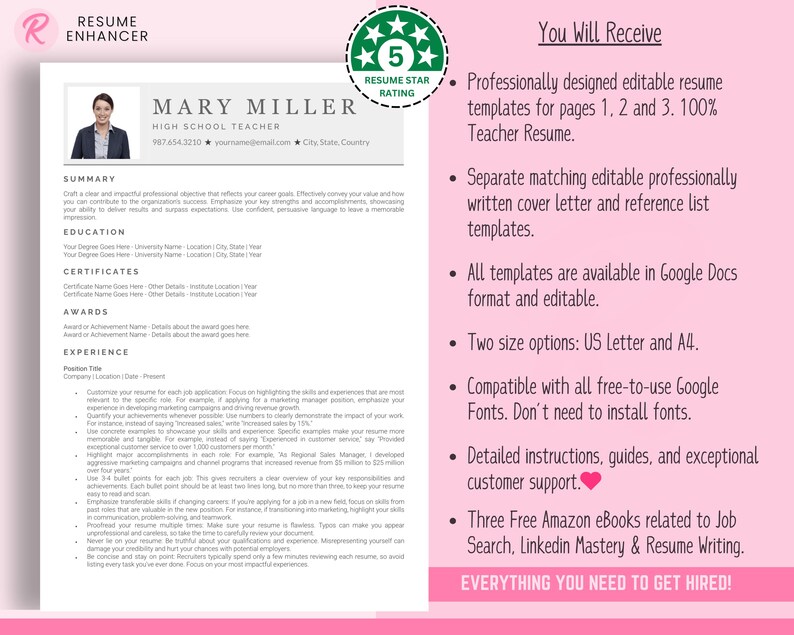 Teacher Resume Template, Google Docs, Cover Letter (digital Download ...