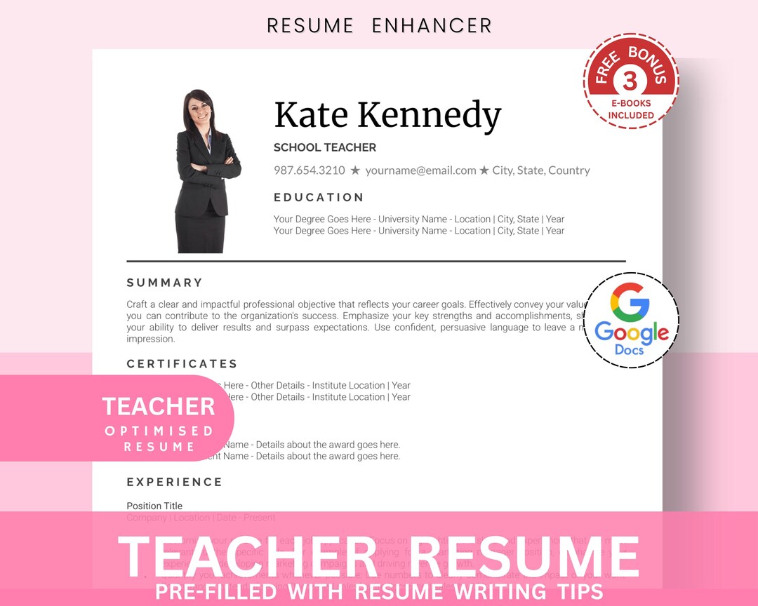 Teacher Resume Template for Google Docs, Professional | Substitute ...