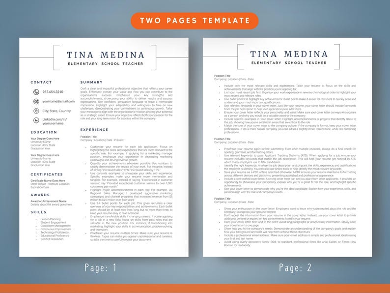 Teacher Resume and Cover Letter Bundle (google Docs, Ats-friendly) - Etsy