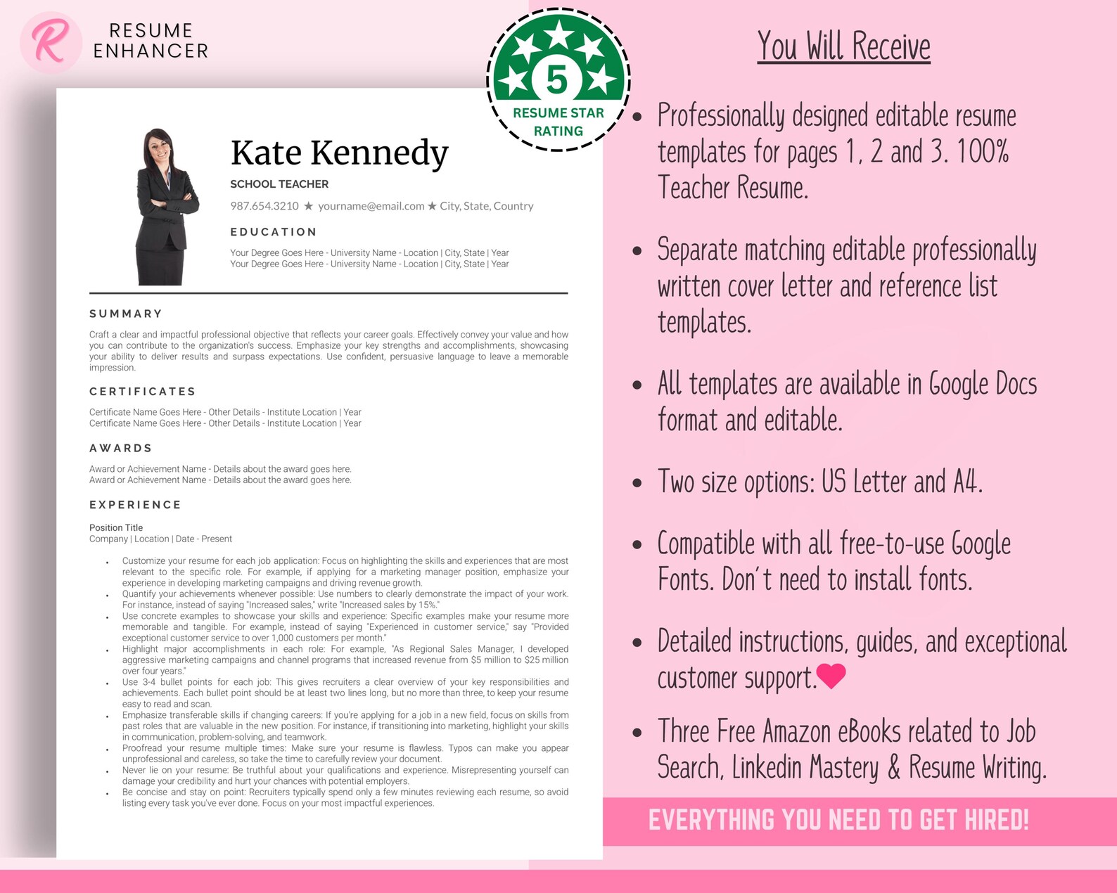 Teacher Resume Template for Google Docs, Professional | Substitute ...