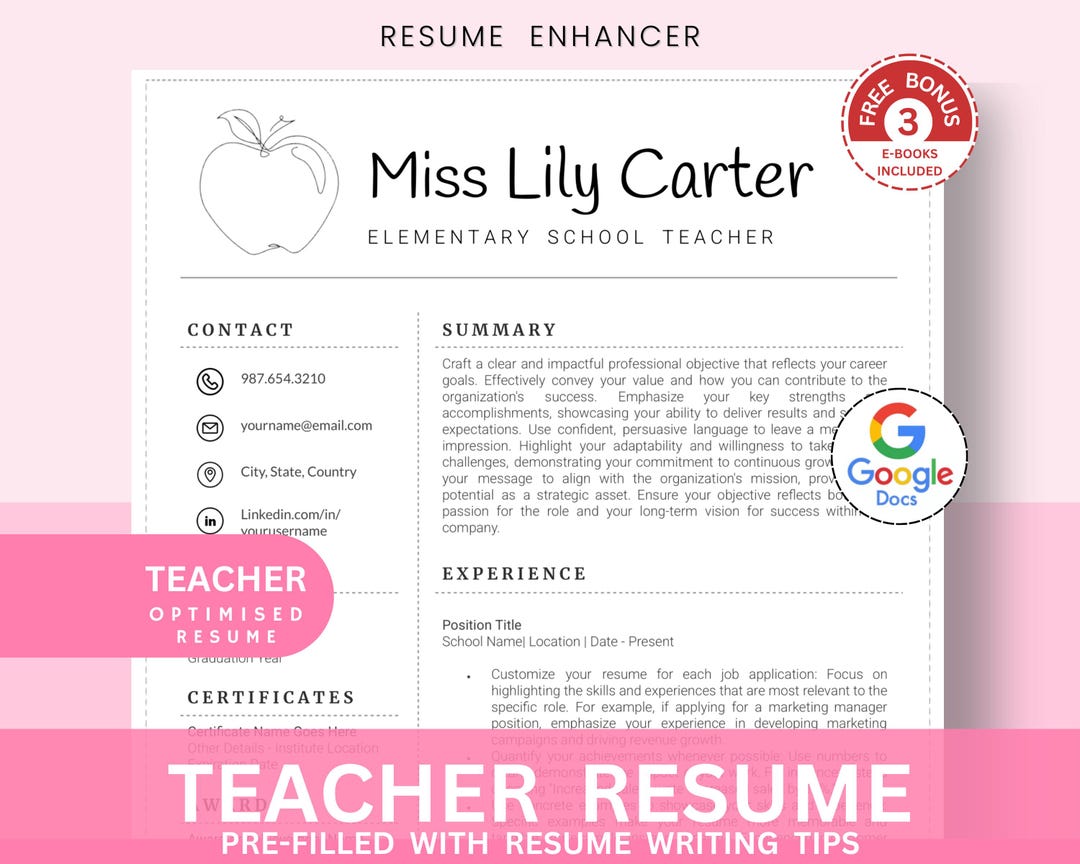 Teacher Resume Template for Google Docs | Modern CV (digital Download ...