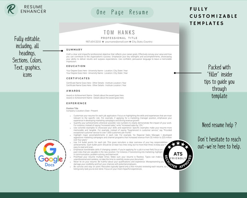 ATS Resume Template for Google Docs Resume, ATS Compliant Resume Format ...