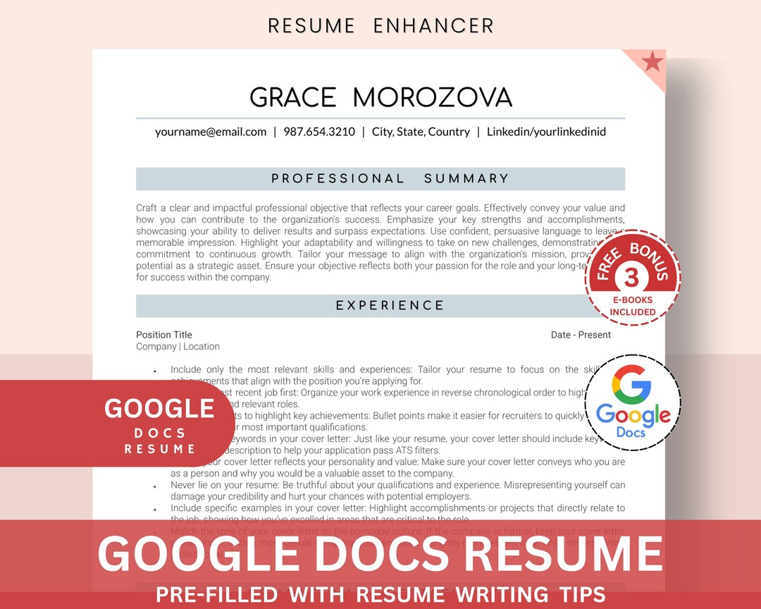 Professional Resume Template for Google Docs, 1 & 2 Page Resume ...