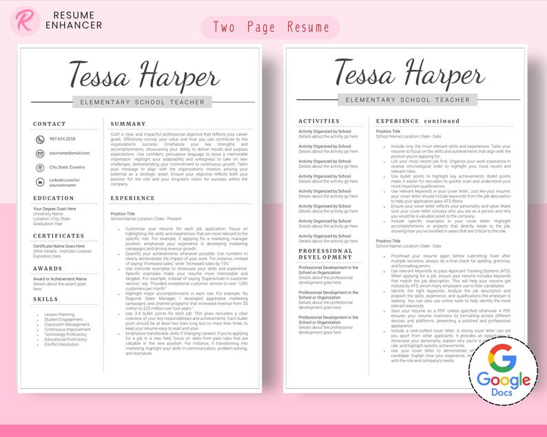 Teacher Resume Template for Google Docs | Modern CV Design (digital ...
