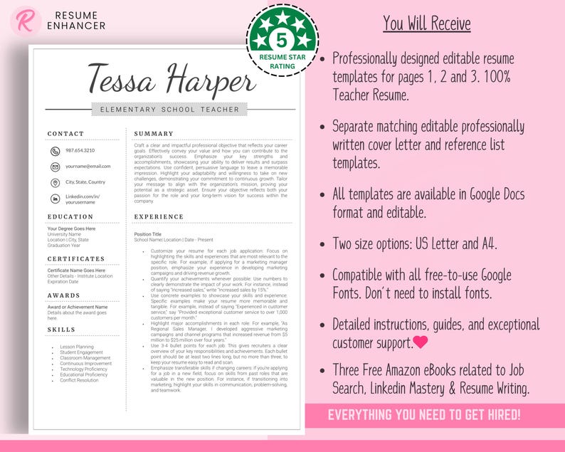 Teacher Resume Template for Google Docs | Modern CV Design (digital ...