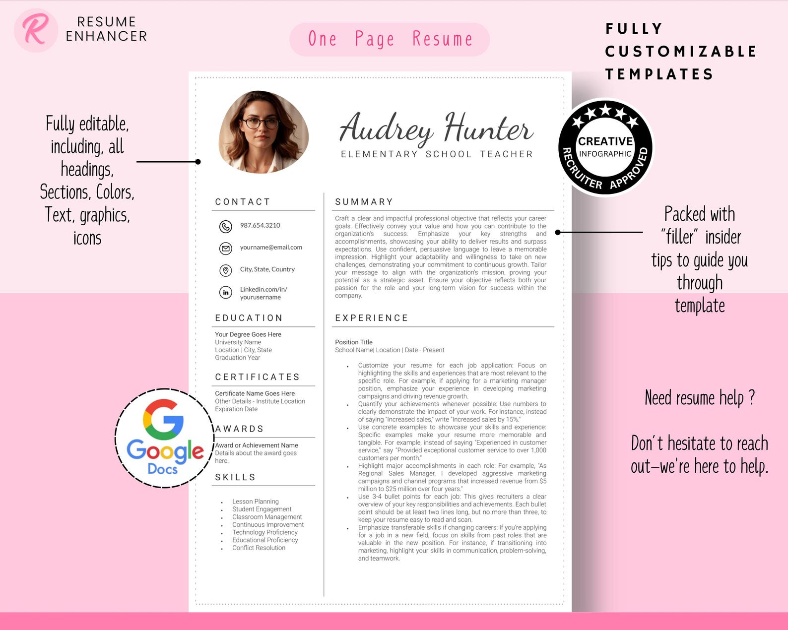 Teacher Resume Template for Google Docs | Substitute, Teaching ...