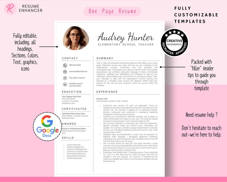 Teacher Resume Template for Google Docs | Modern CV Design (digital ...