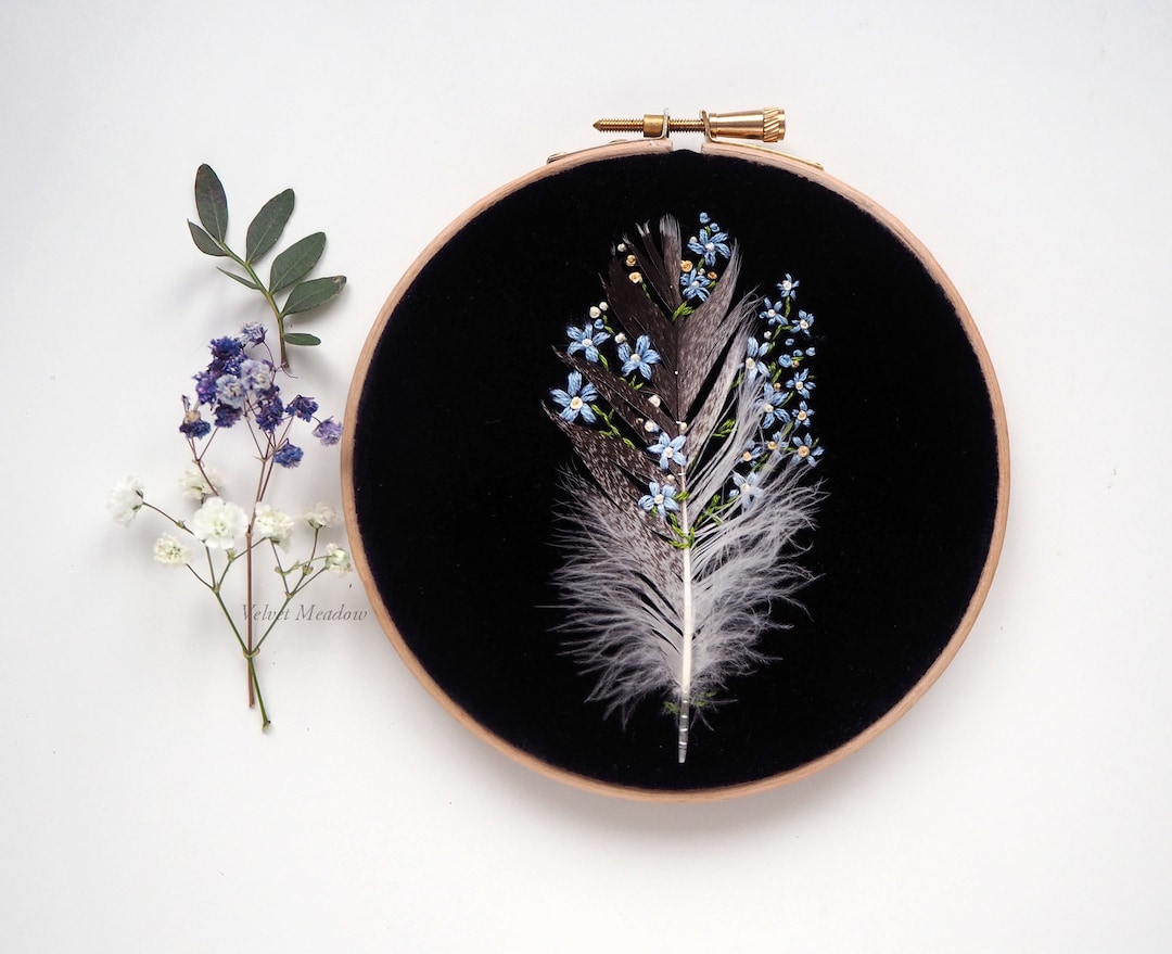 Feather Botanical Hand Embroidery. Feather Wall Art. Original ...