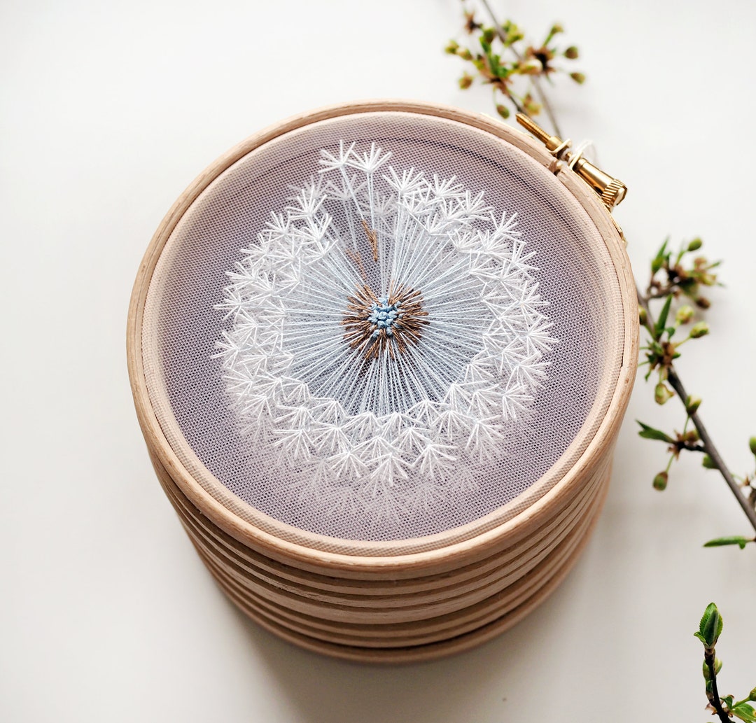 Dandelion Embroidery Hoop Art: Tulle Hand Embroidery, Make a Wish (5 ...