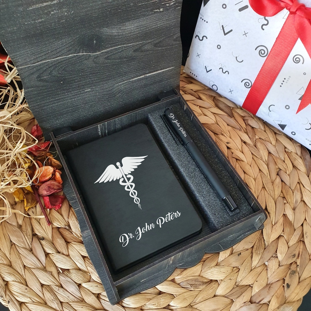 Personalized Doctor Gift Set: Faux Leather Notebook & Pen in Wooden Box ...