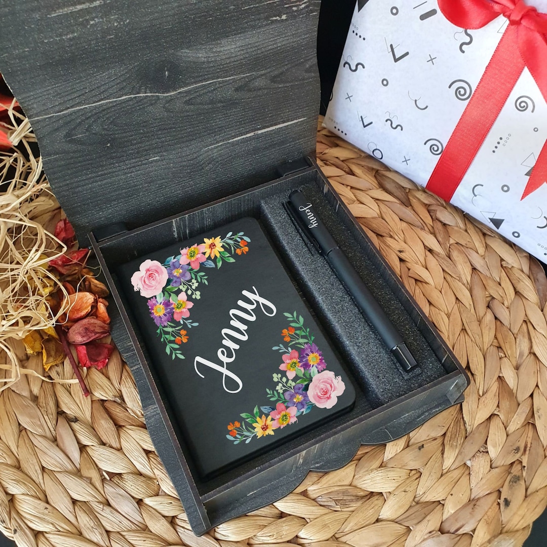 Personalized Journal & Pen Gift Set: Floral Notebook in Wooden Box - Etsy