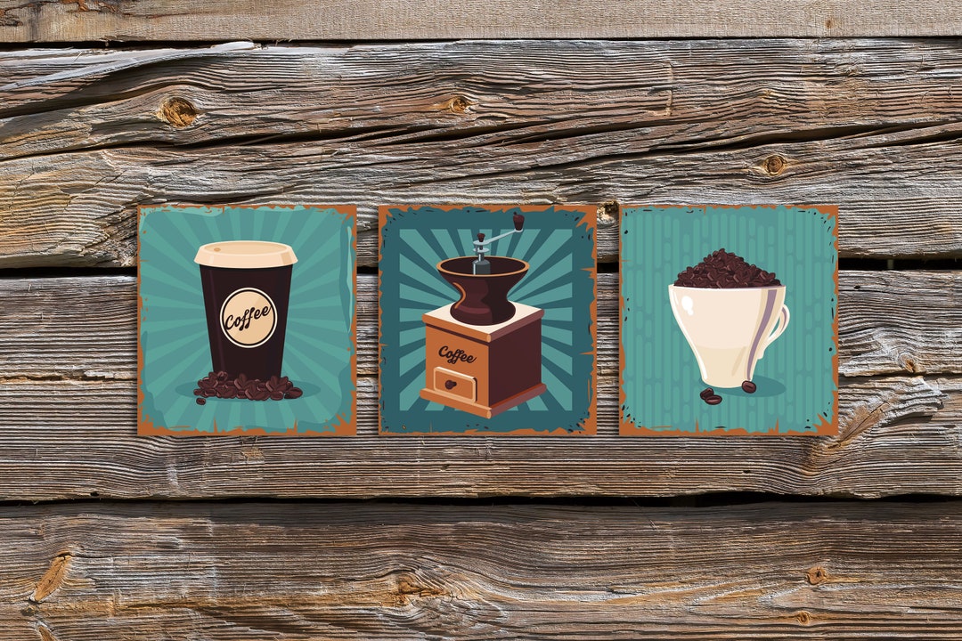 Retro Coffee Signs Set of 3 Vintage Signs for Wall Decor, Rusted Tin ...