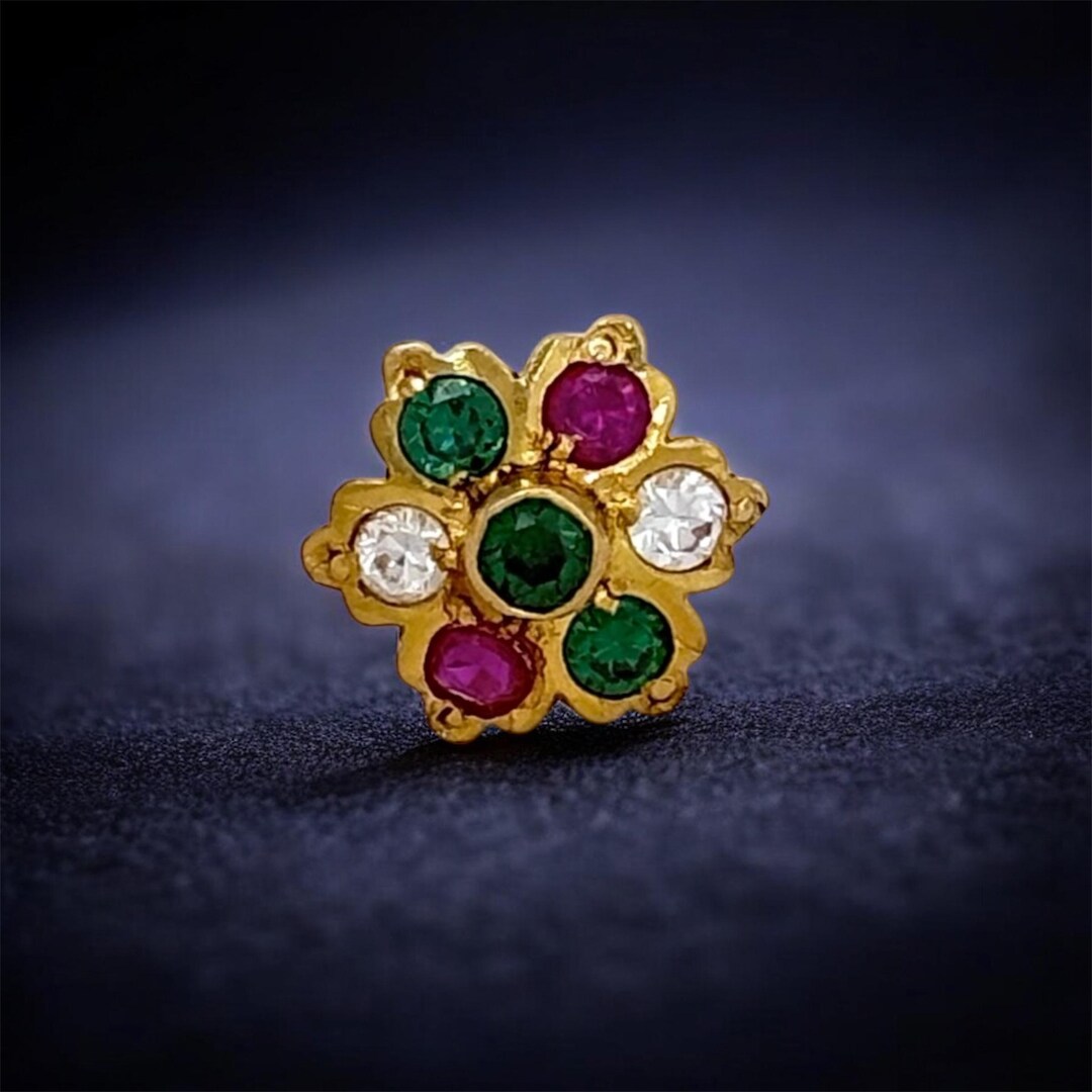 18K Solid Gold Pakistani Nose Pin – Traditional Gemstone Jewelry for ...